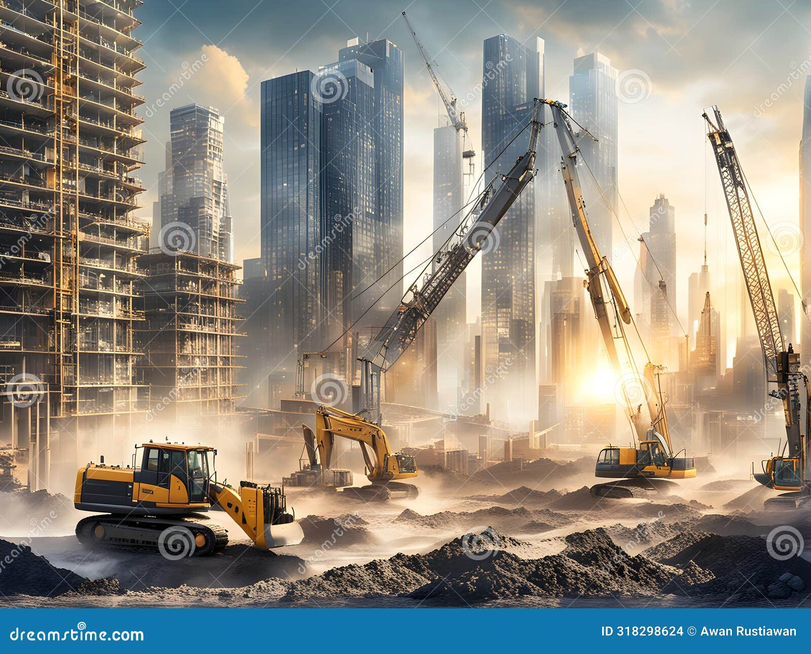 Heavy Construction Vehicles Building a Modern Skyscraper. Dynamic Urban ...