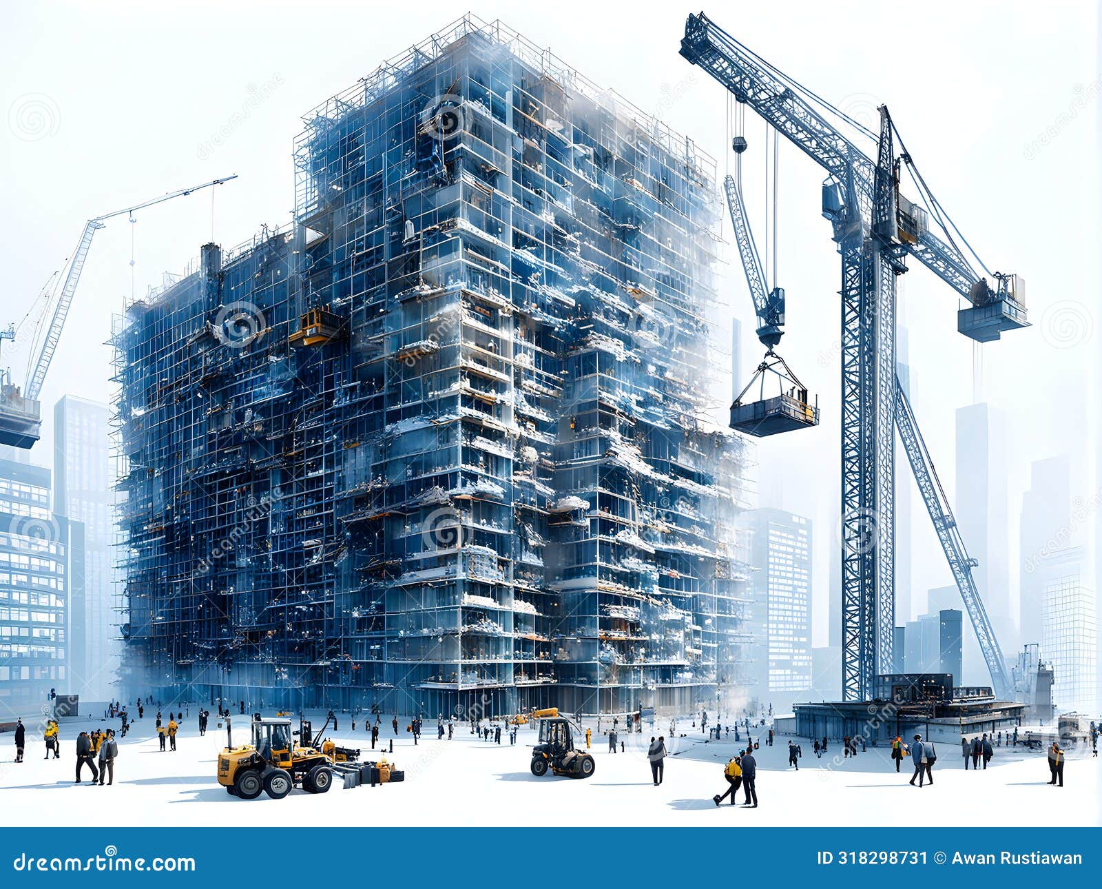 Heavy Construction Vehicles Building a Modern Skyscraper. Dynamic Urban ...