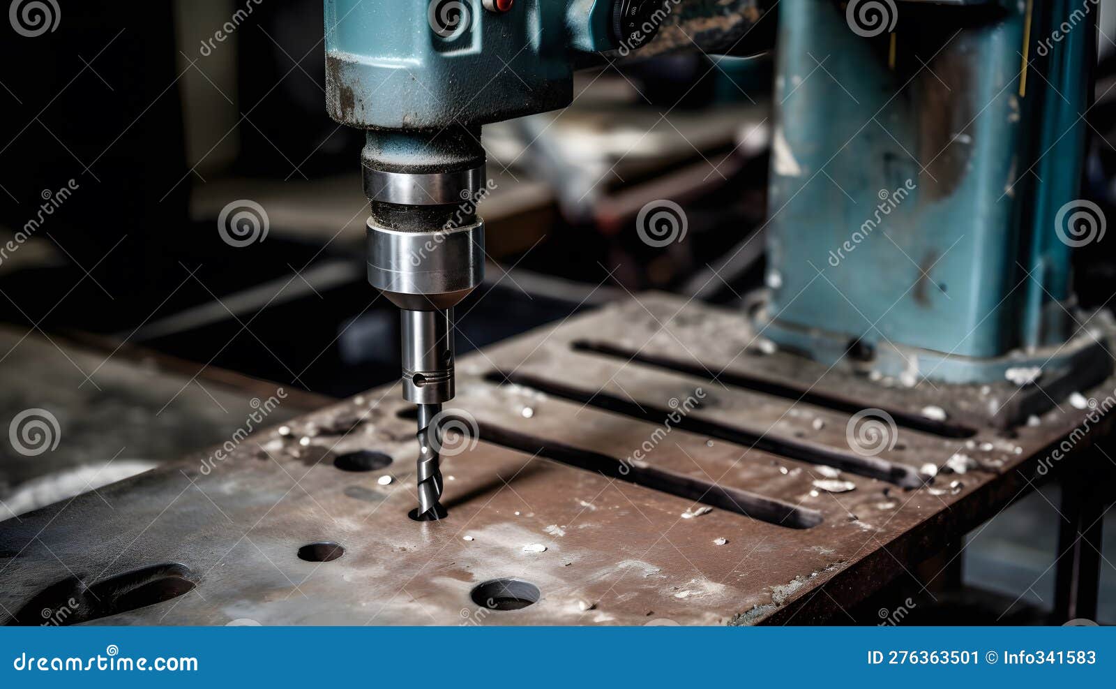 A Heavy-duty Industrial Drill Drilling into a Metal Surfa Created with ...