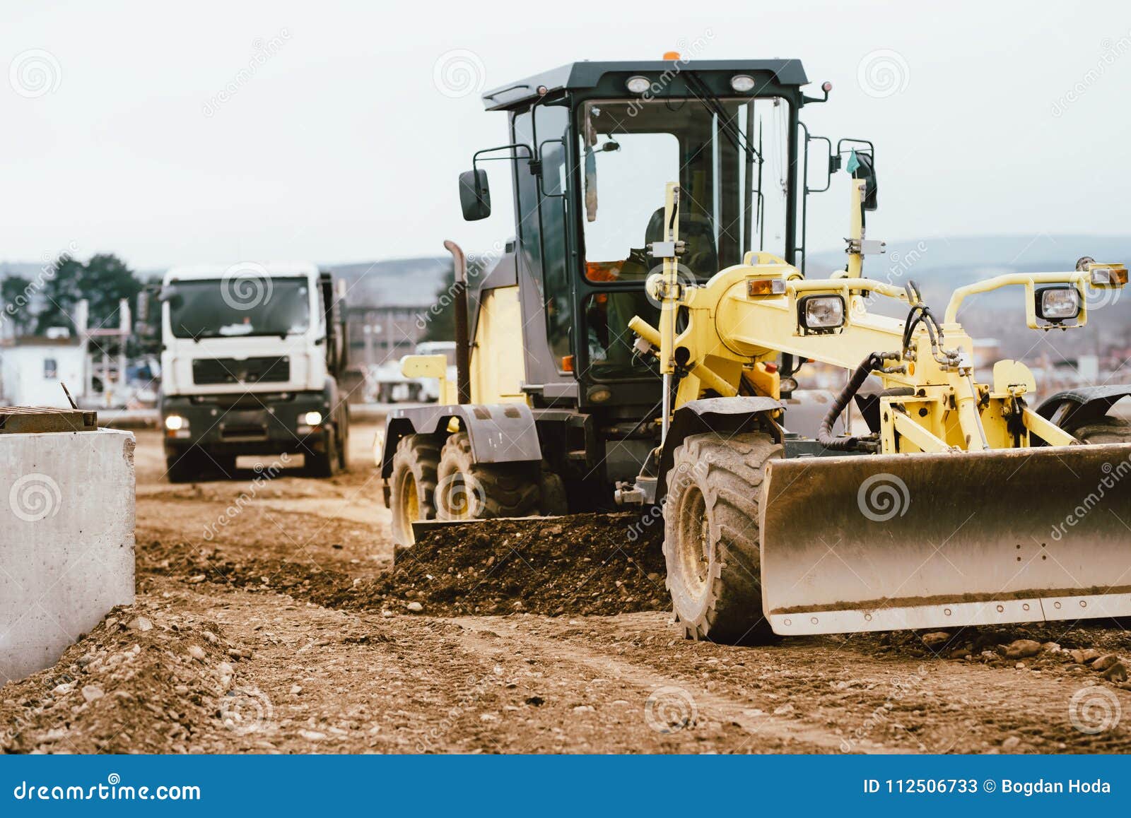 Industrial Motor Grader Working at Highway Construction Site Stock ...