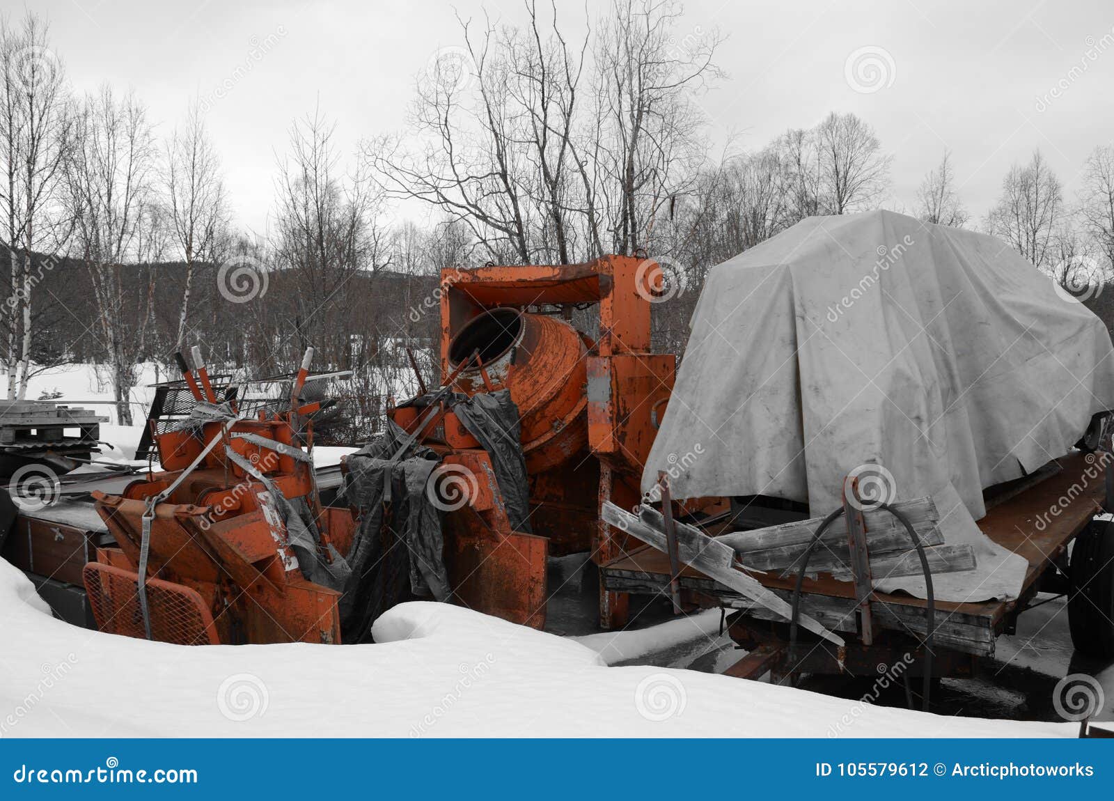 Heavy Duty Orange Cement Mixer in Scrap Yard Stock Photo - Image of ...