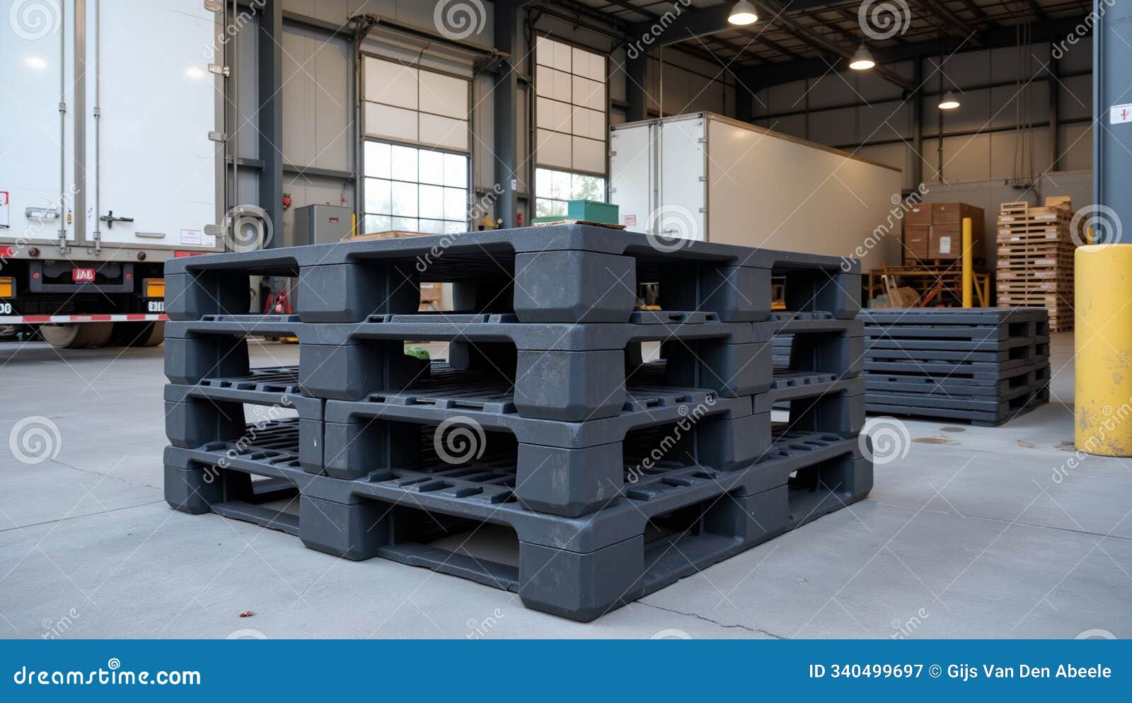 Heavy Duty Plastic Pallets Stacked Near Loading Dock in Factory Setting ...
