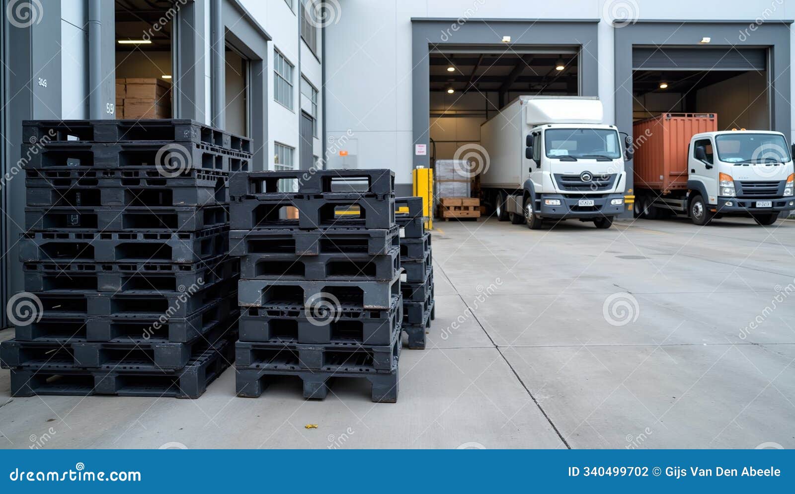 Heavy Duty Plastic Pallets Stacked Near Loading Dock in Factory Setting ...