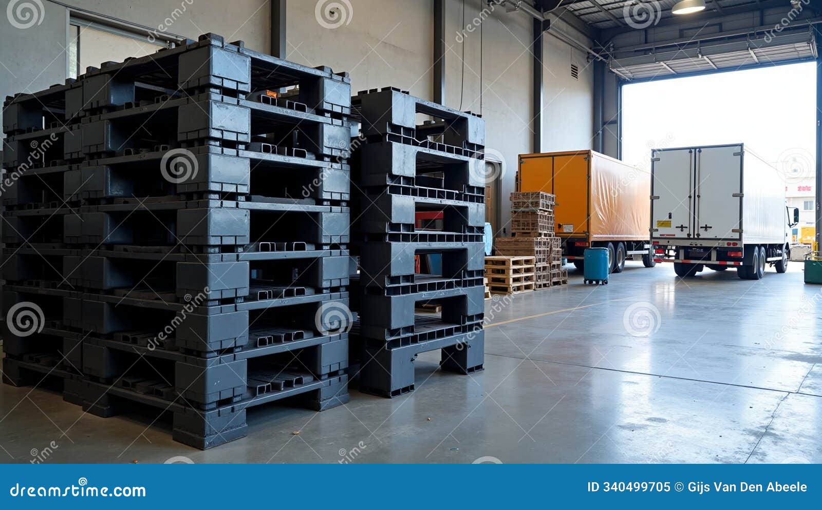 Heavy Duty Plastic Pallets Stacked Near Loading Dock in Factory Setting ...