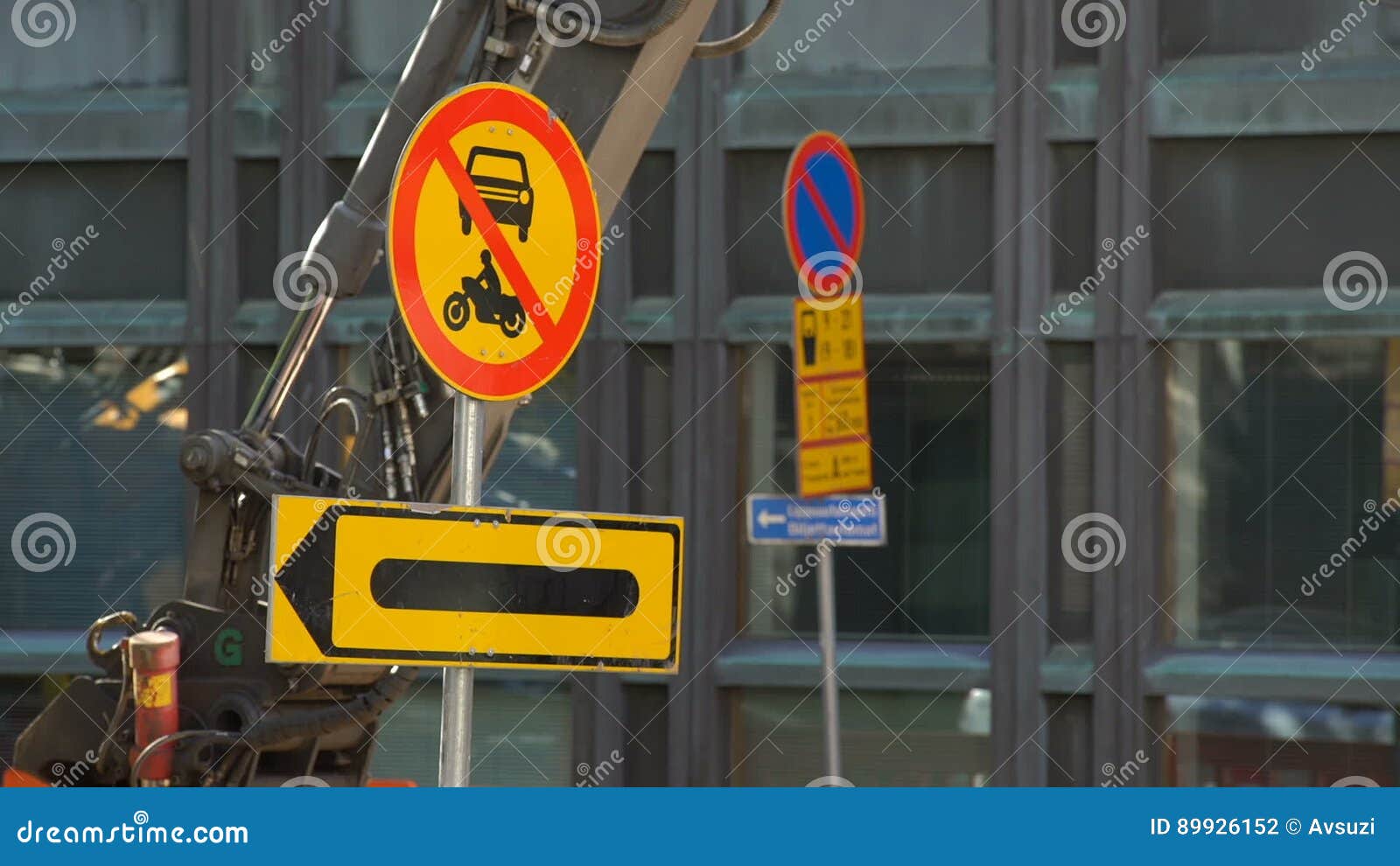 Heavy Equipment Working at the Construction Site. Warning Sign. Stock ...