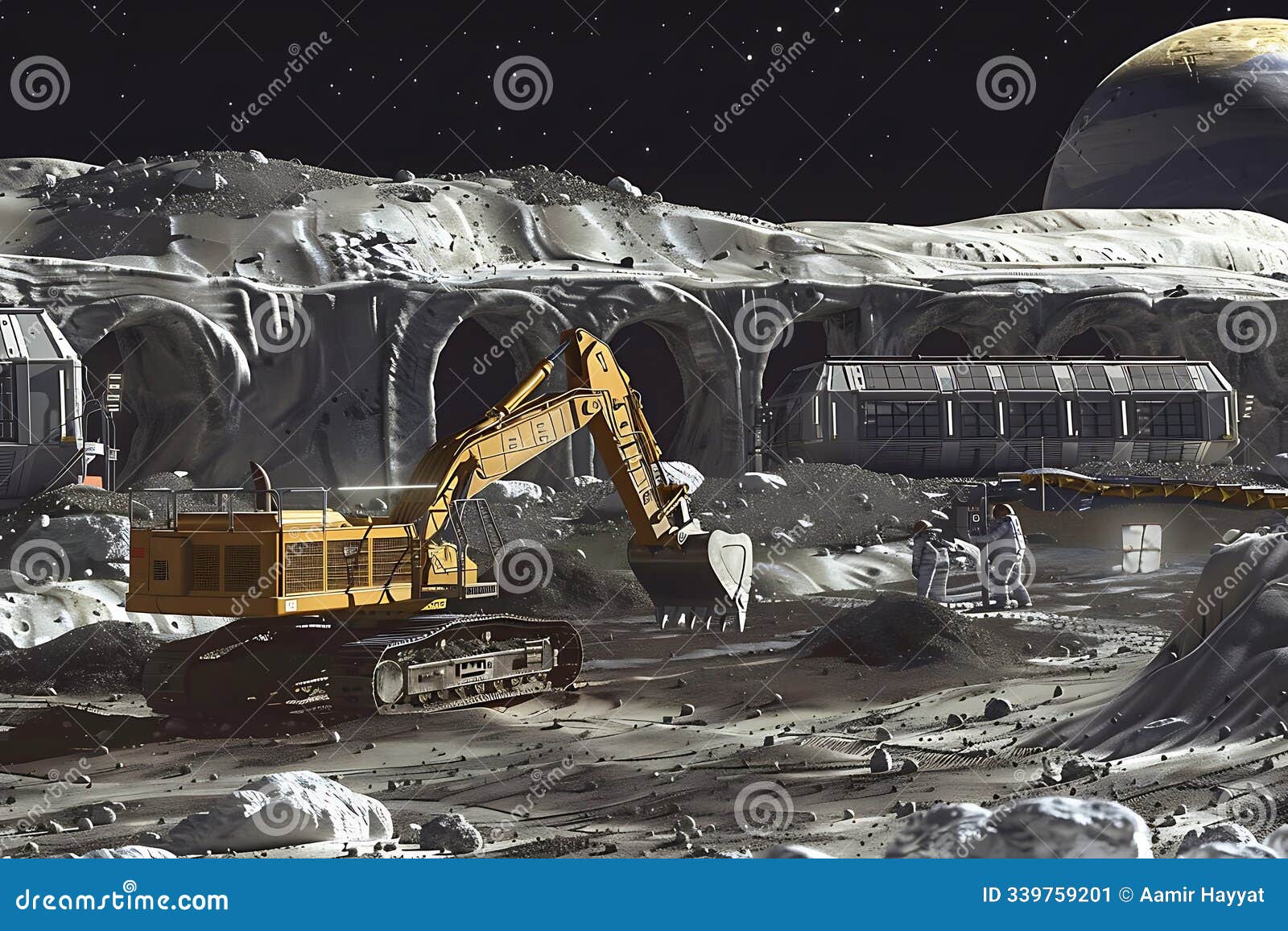 Heavy Excavator at Work on the Moon S Surface Stock Illustration ...