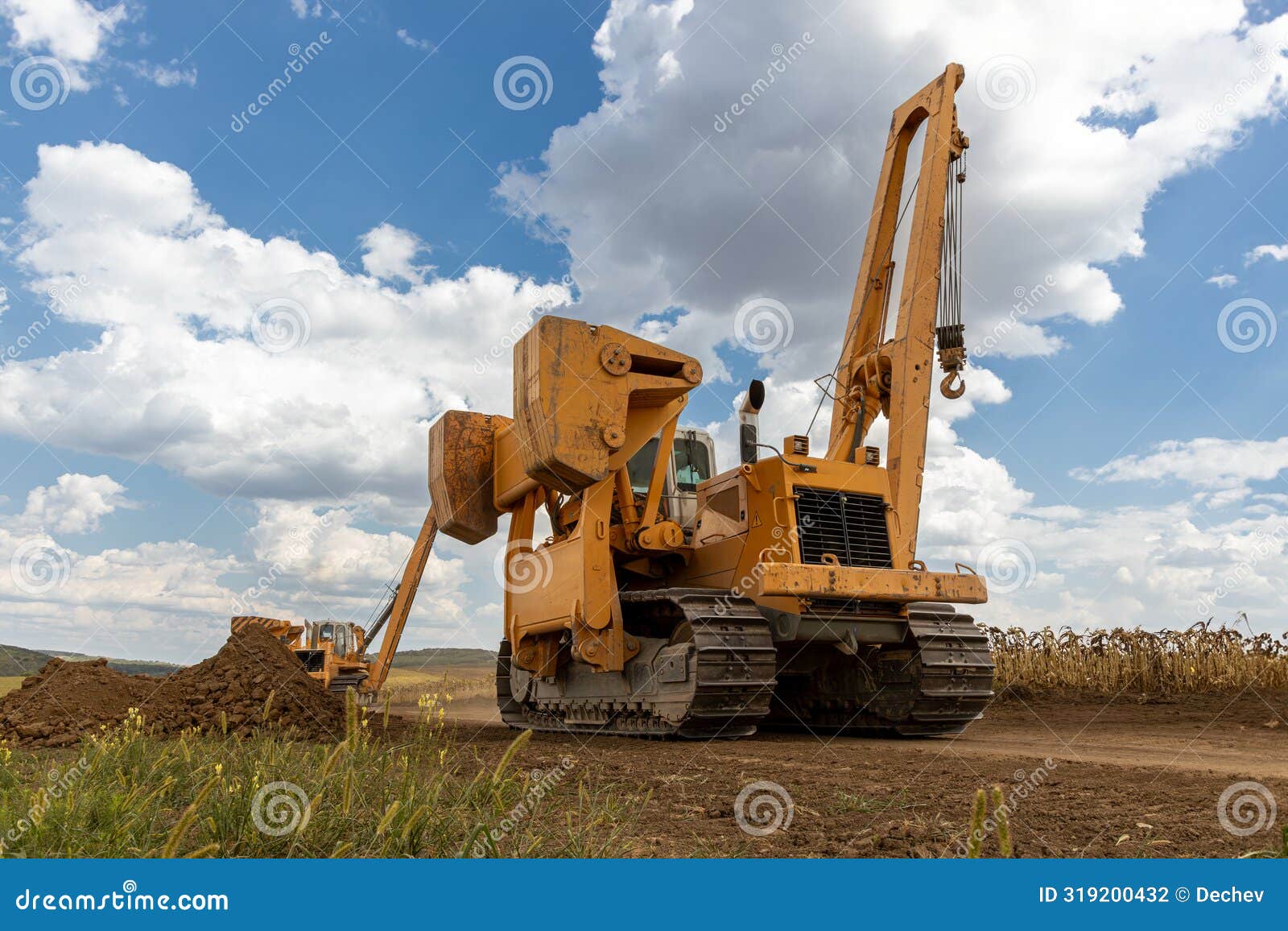 Heavy Machinery and Gas Pipeline Construction Site. Pipelaying Crane ...