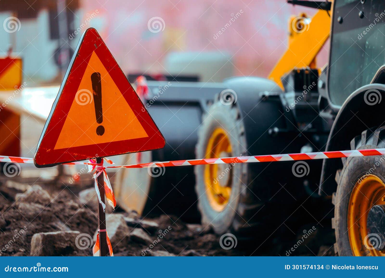 Excavator on Construction Site Marked by Warning Sign Stock Photo ...