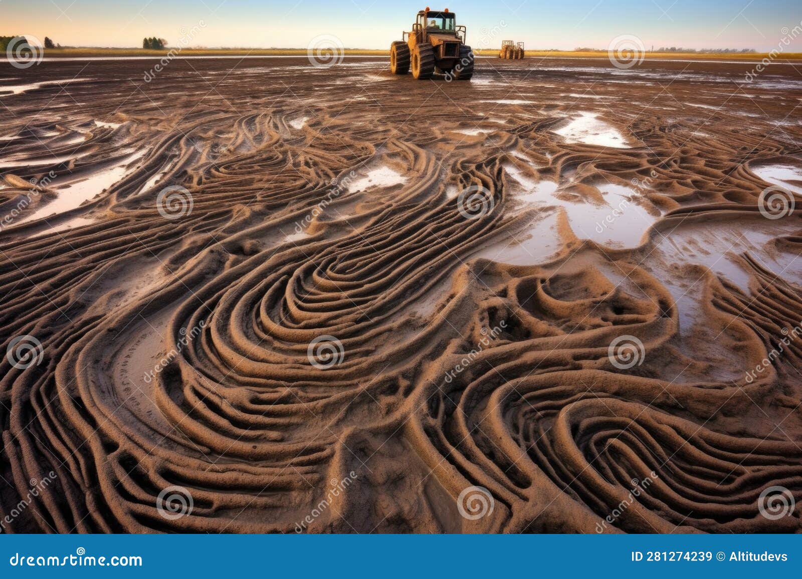 Machinery Tracks On Muddy Ground Construction Site During Sunset. Heavy ...