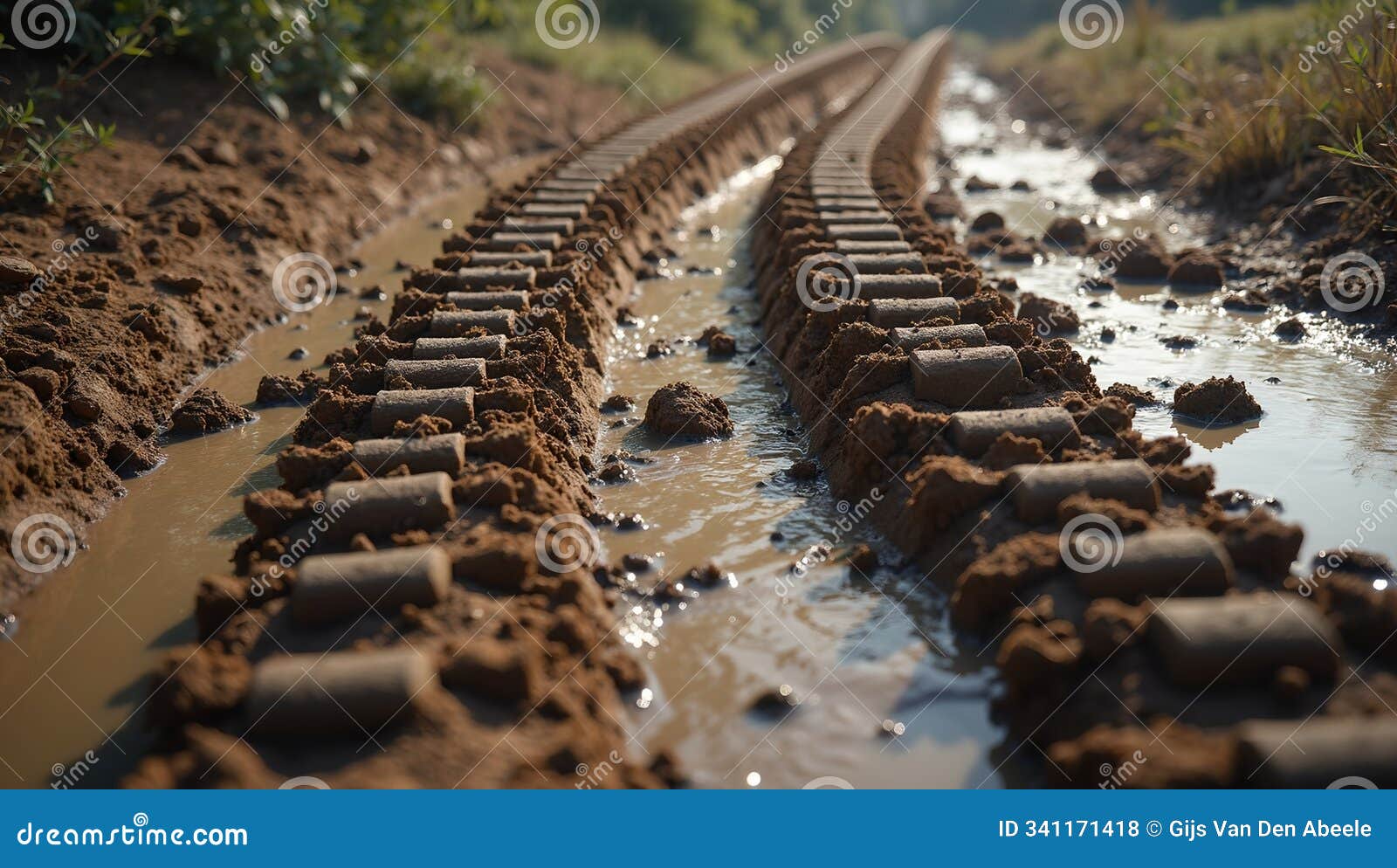 Machinery Tracks On Muddy Ground Construction Site During Sunset. Heavy ...
