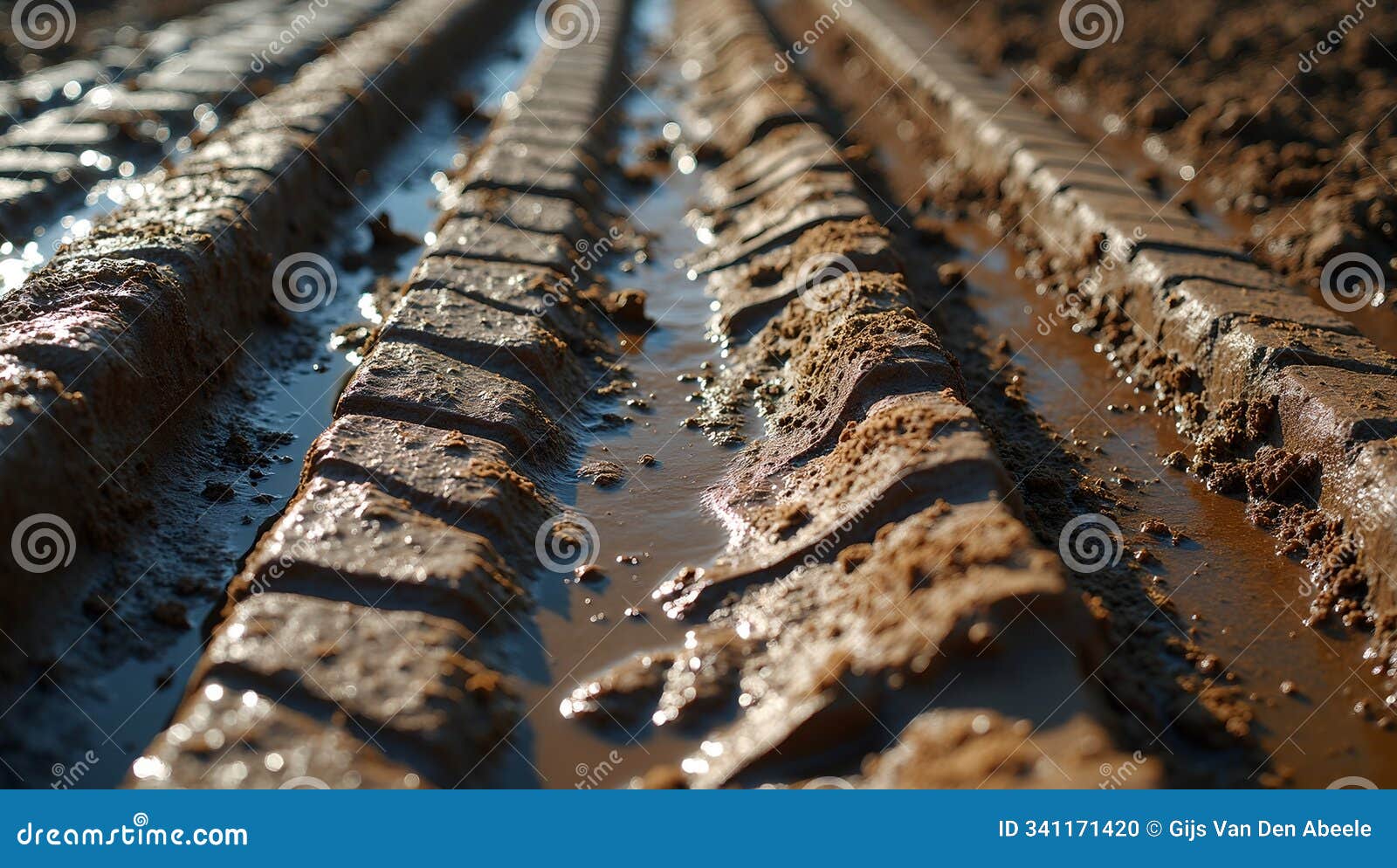 Machinery Tracks On Muddy Ground Construction Site During Sunset. Heavy ...