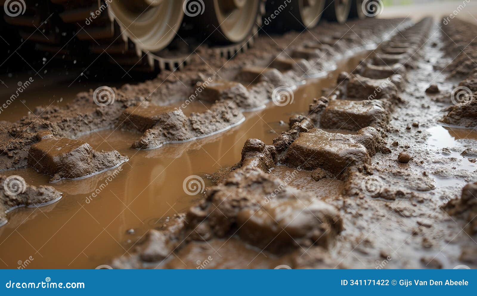 Machinery Tracks On Muddy Ground Construction Site During Sunset. Heavy ...