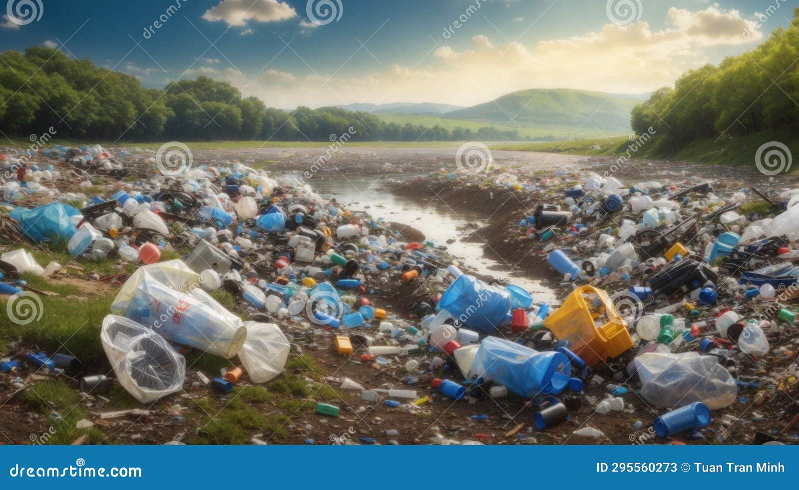 Heavy Plastic Pollution in Wild Beautiful Landscape Stock Illustration ...