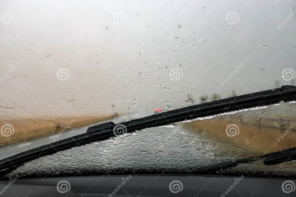 Heavy Rain. Cloudburst on Windshield Stock Photo - Image of light ...