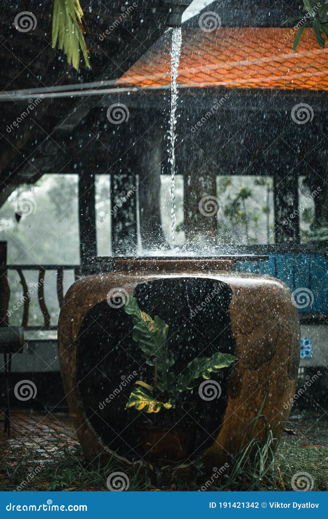 Heavy Rain Pours into a Large Pot Stock Photo - Image of motion ...