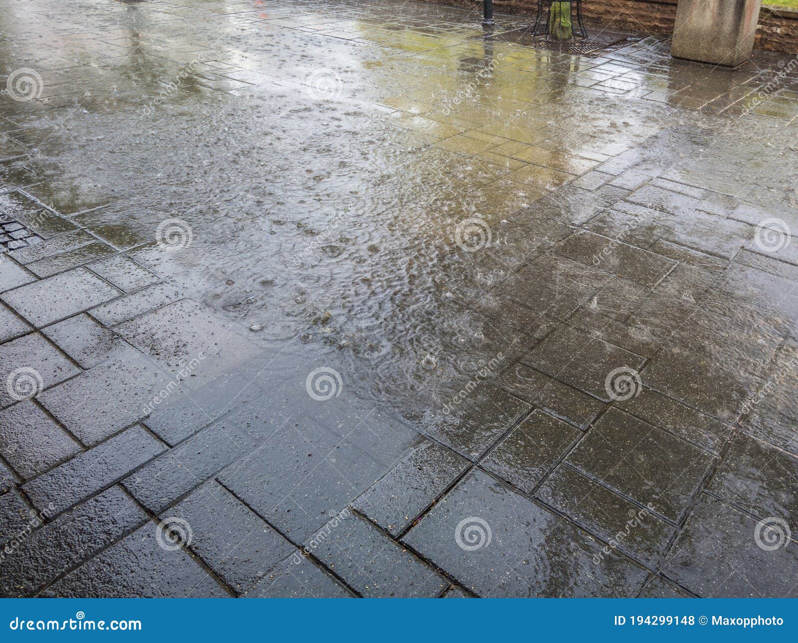 Heavy rain on a sidewalk stock photo. Image of weather - 194299148