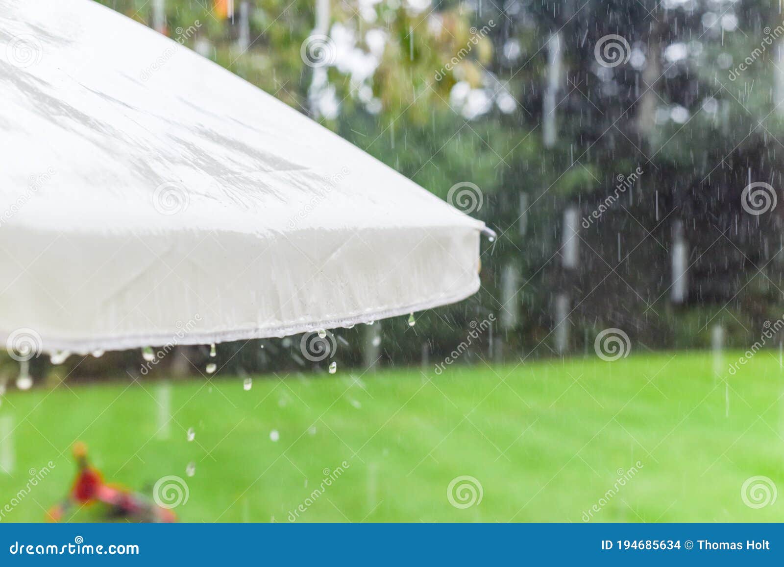 Heavy Rain Splashes from a Garden Umbrella during Rainfall Stock Photo ...