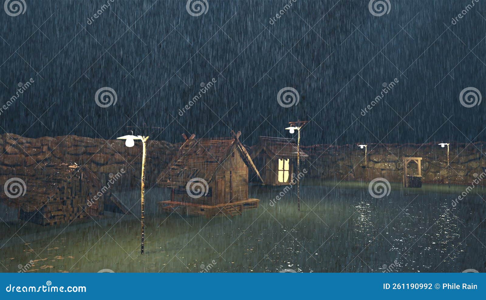 Heavy Rain and Thunder, Rain Falling on the Cottage at Night Stock ...