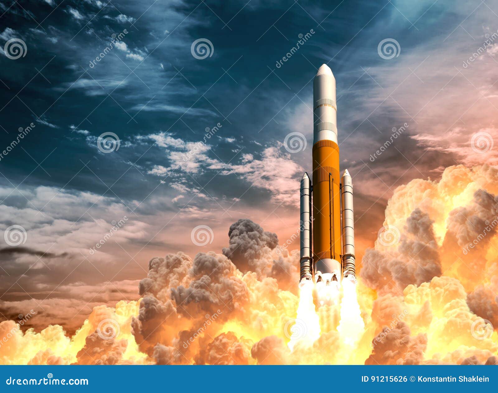 Heavy Rocket Launch on the Background of Cloudy Sky Stock Illustration ...