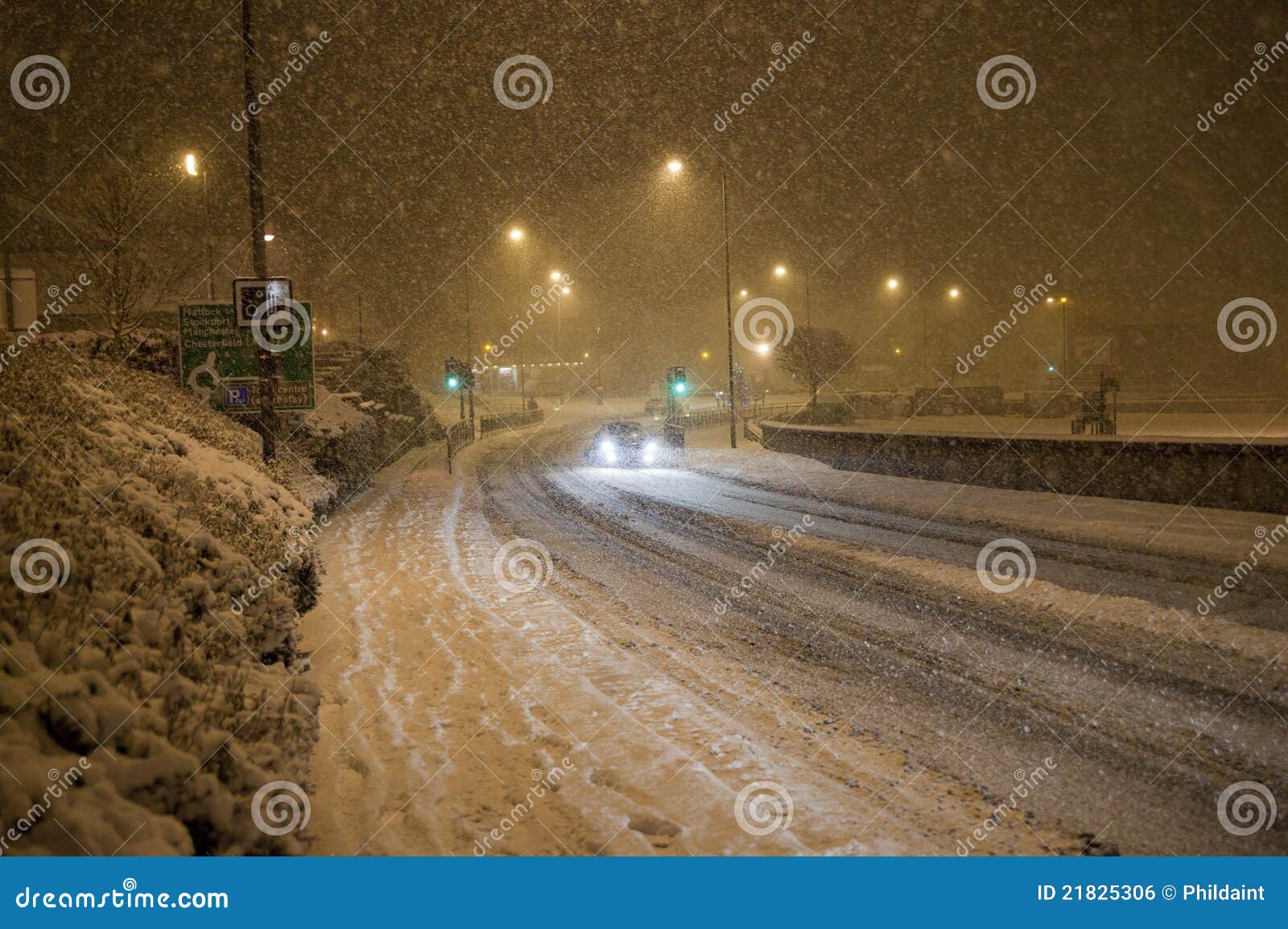 Heavy Snow Fall on Road at Night Stock Photo - Image of heavy, town ...