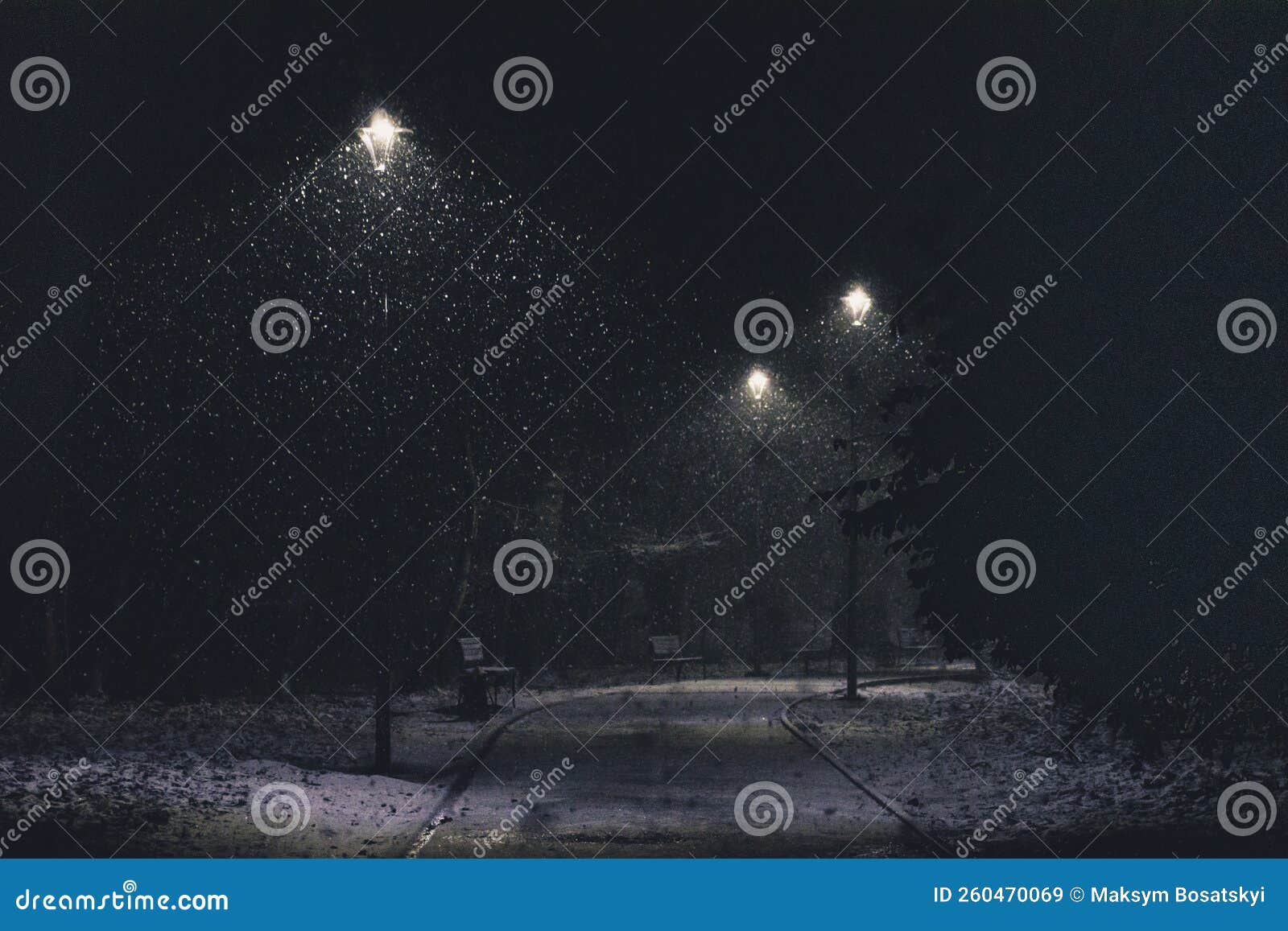During Heavy Snowfall in Winter, Lanterns Shine in the Park. Evening ...