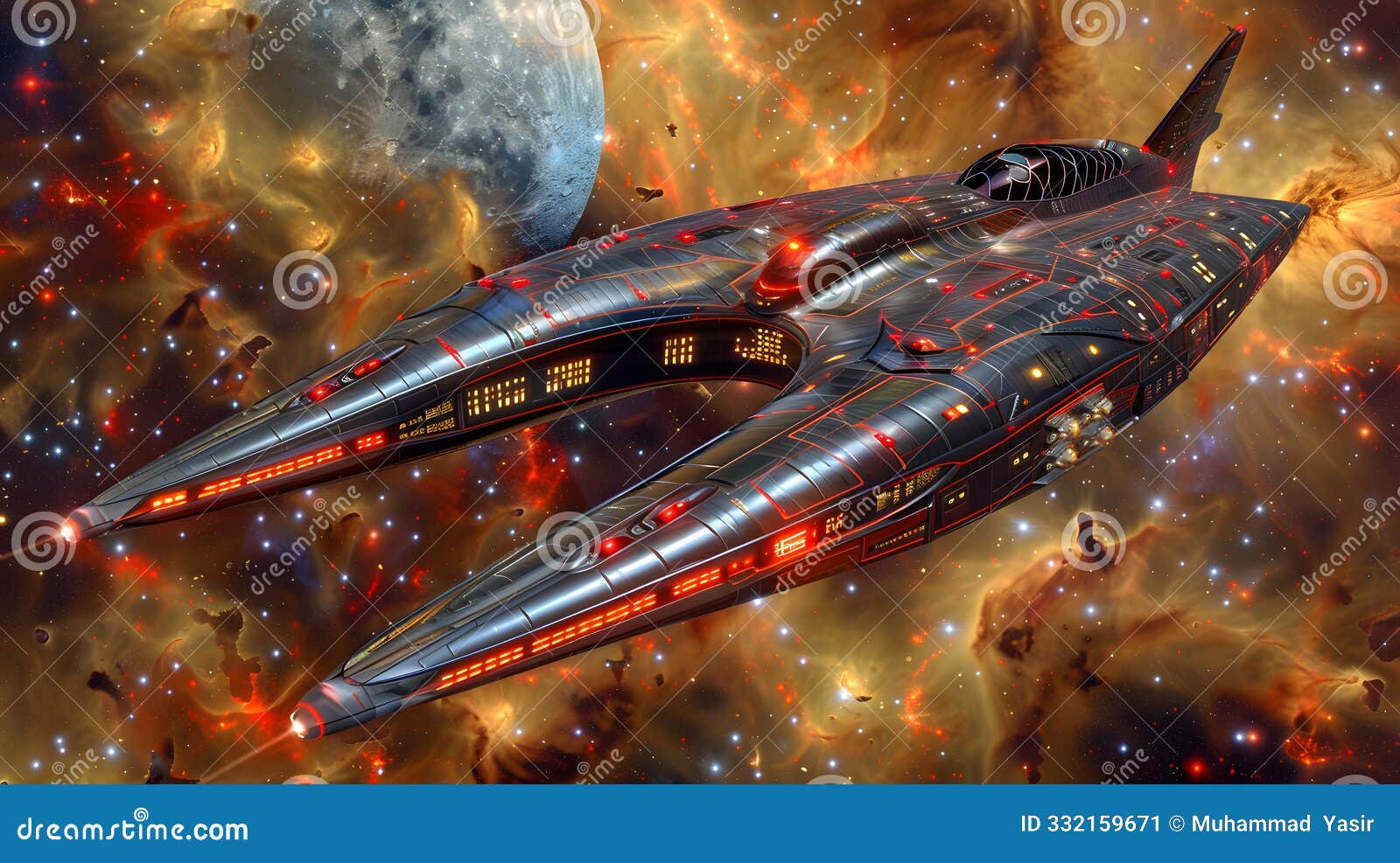 Heavy Starship Flying in Outer Space with Big Moon Background Stock ...
