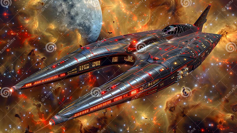 Heavy Starship Flying in Outer Space with Big Moon Background Stock ...