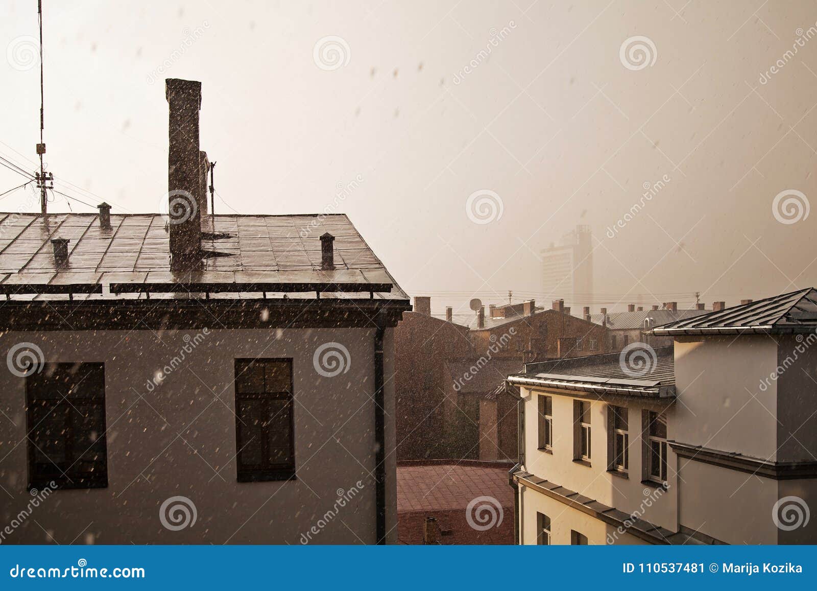 Heavy Summer Rain Falling on Rooftops of a City Stock Image - Image of ...