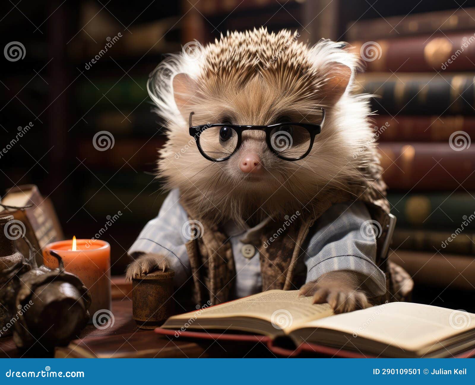 Hedgehog Reading Tiny Book in Library Stock Illustration - Illustration ...