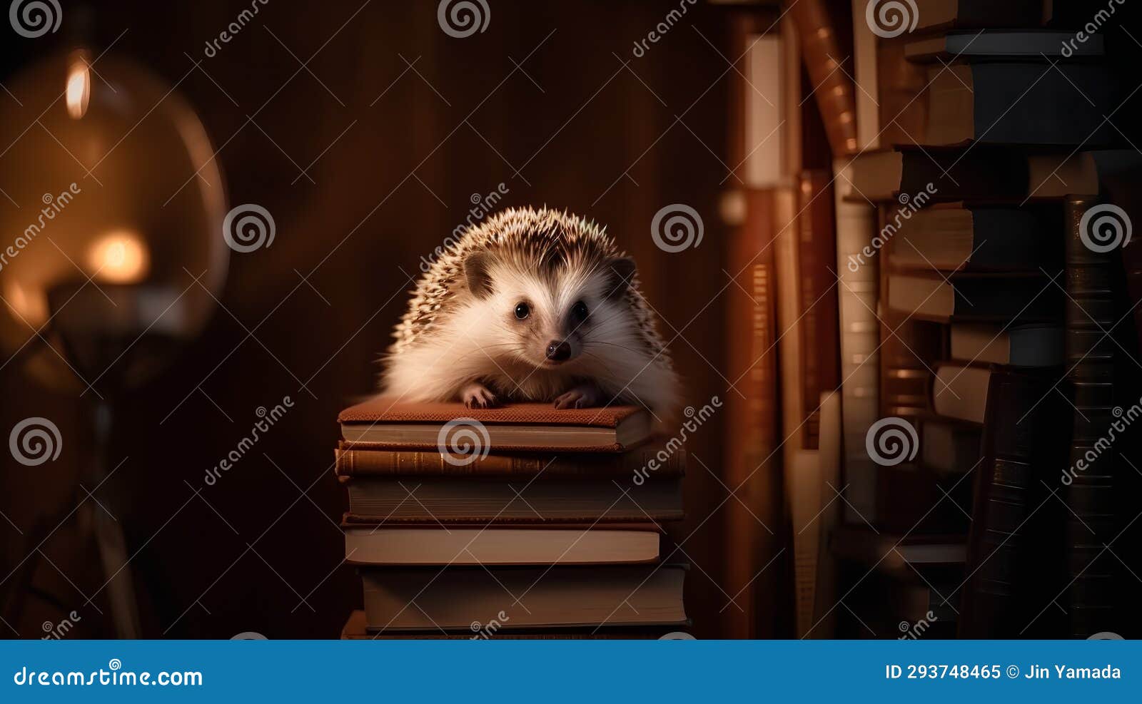 Hedgehog Sitting on a Stack of Books in a Library. Stock Illustration ...