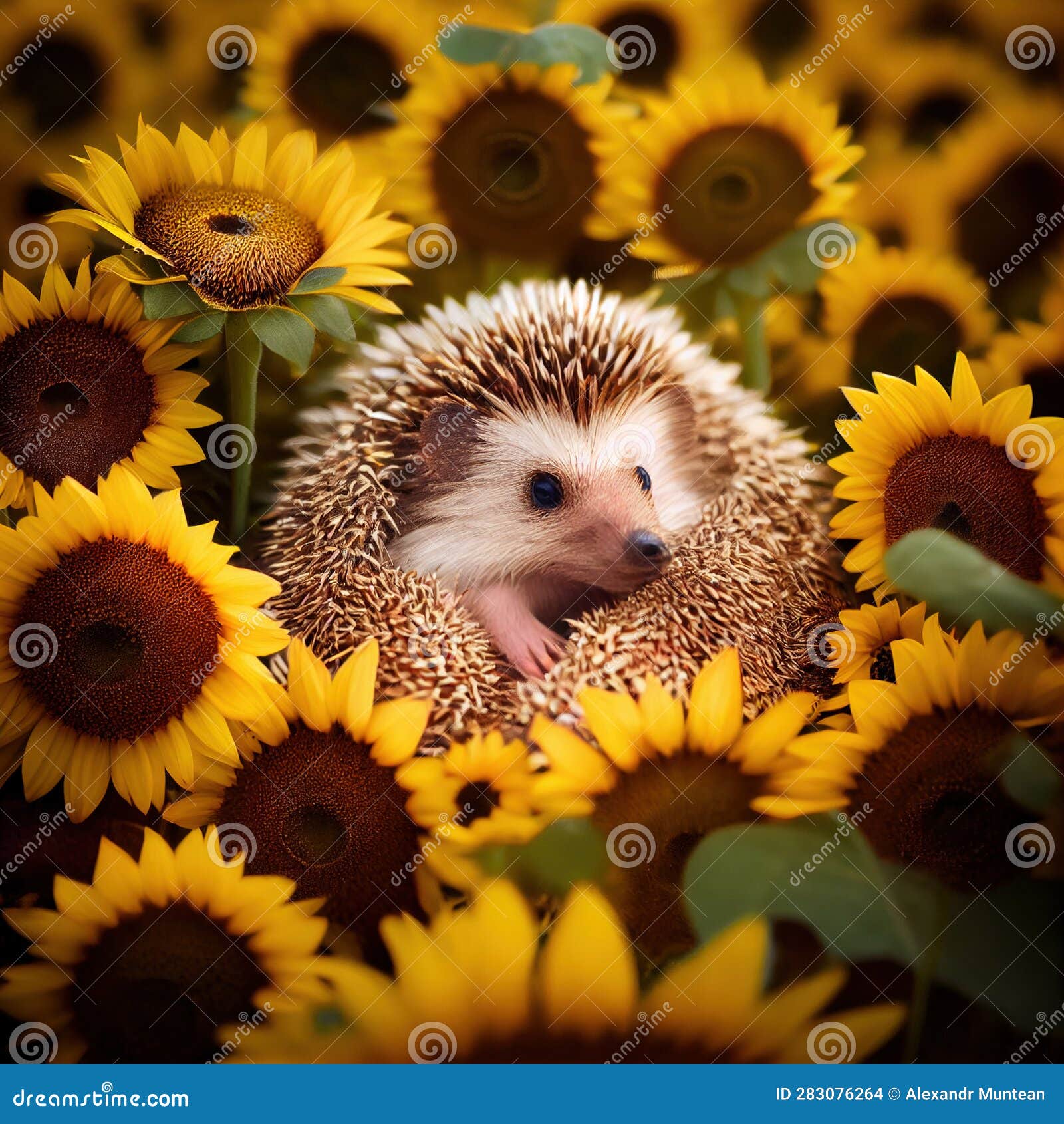 Hedgehog in sunflowers. stock illustration. Illustration of postcard ...