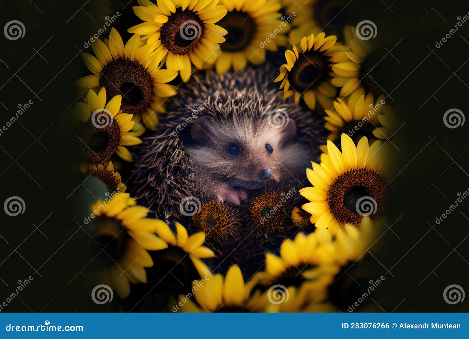 Hedgehog in sunflowers. stock illustration. Illustration of green ...