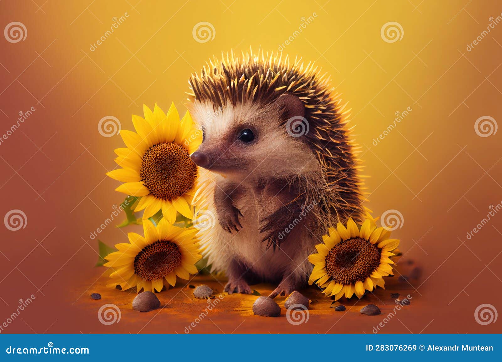 Hedgehog in sunflowers. stock illustration. Illustration of happy ...