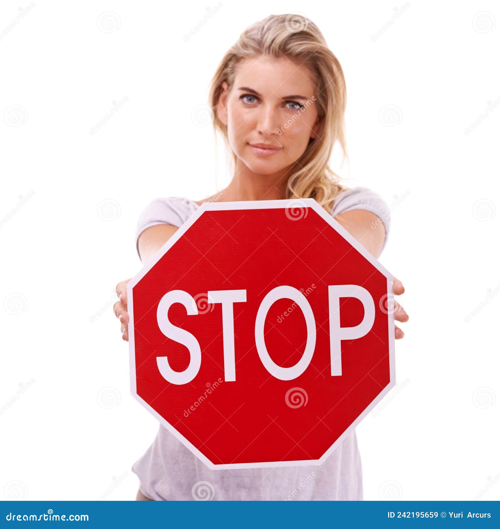 Heed the Warning. a Young Blonde Woman Holding a Stop Sign. Stock Image ...