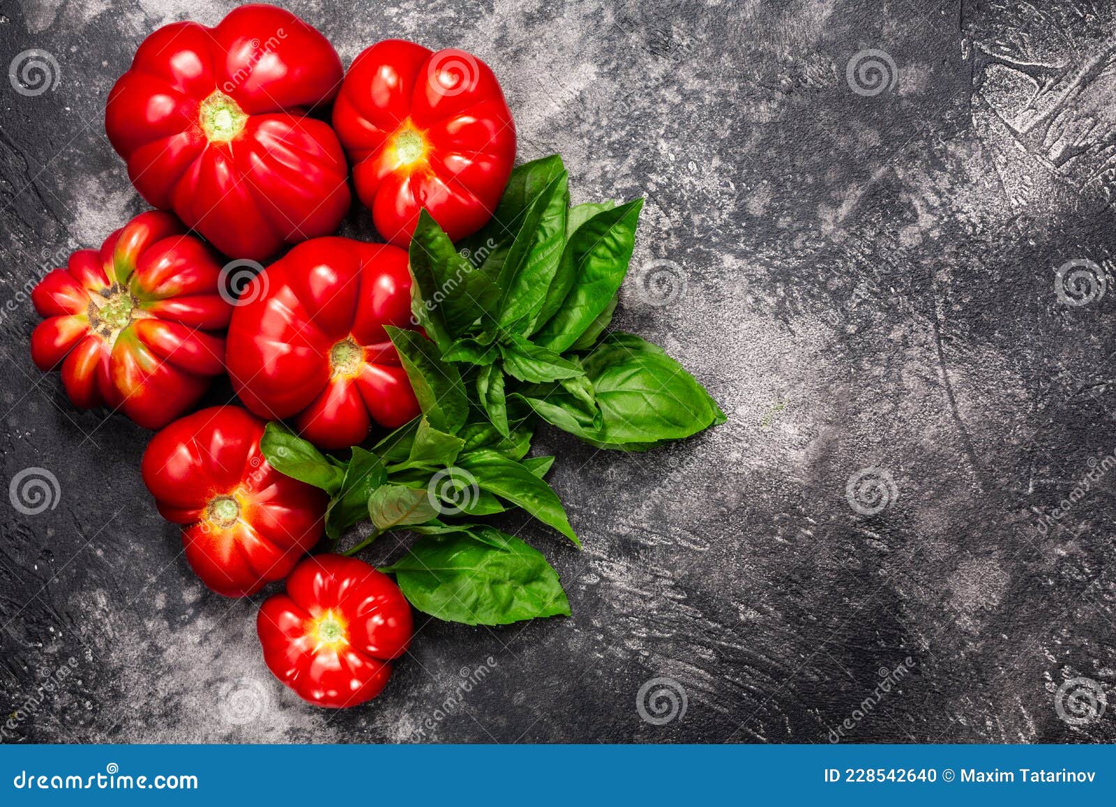 Heirloom Ribbed Tomatoes and Basil Atop Black Textured Backdrop, Copy ...