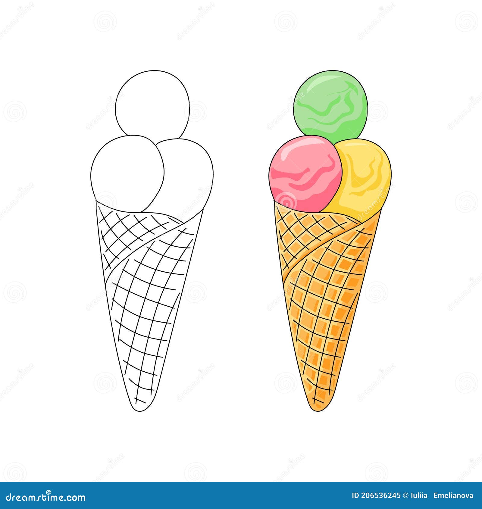 Helado De Libro Coloreado En El Cuerno Las Bolas De Helado Son De