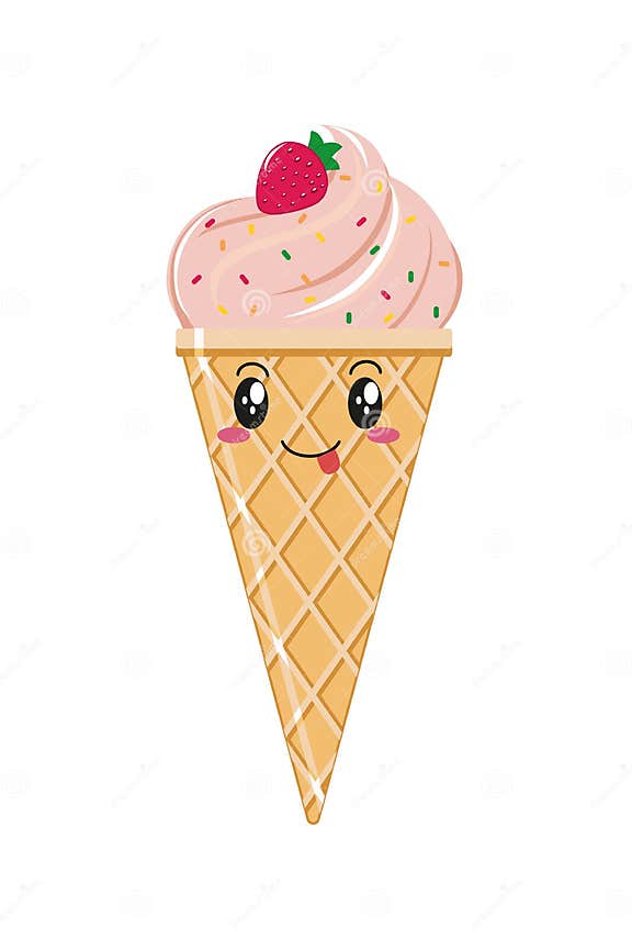 Helado En Una Taza De Gofre Al Estilo Kawaii Ilustración Vectorial