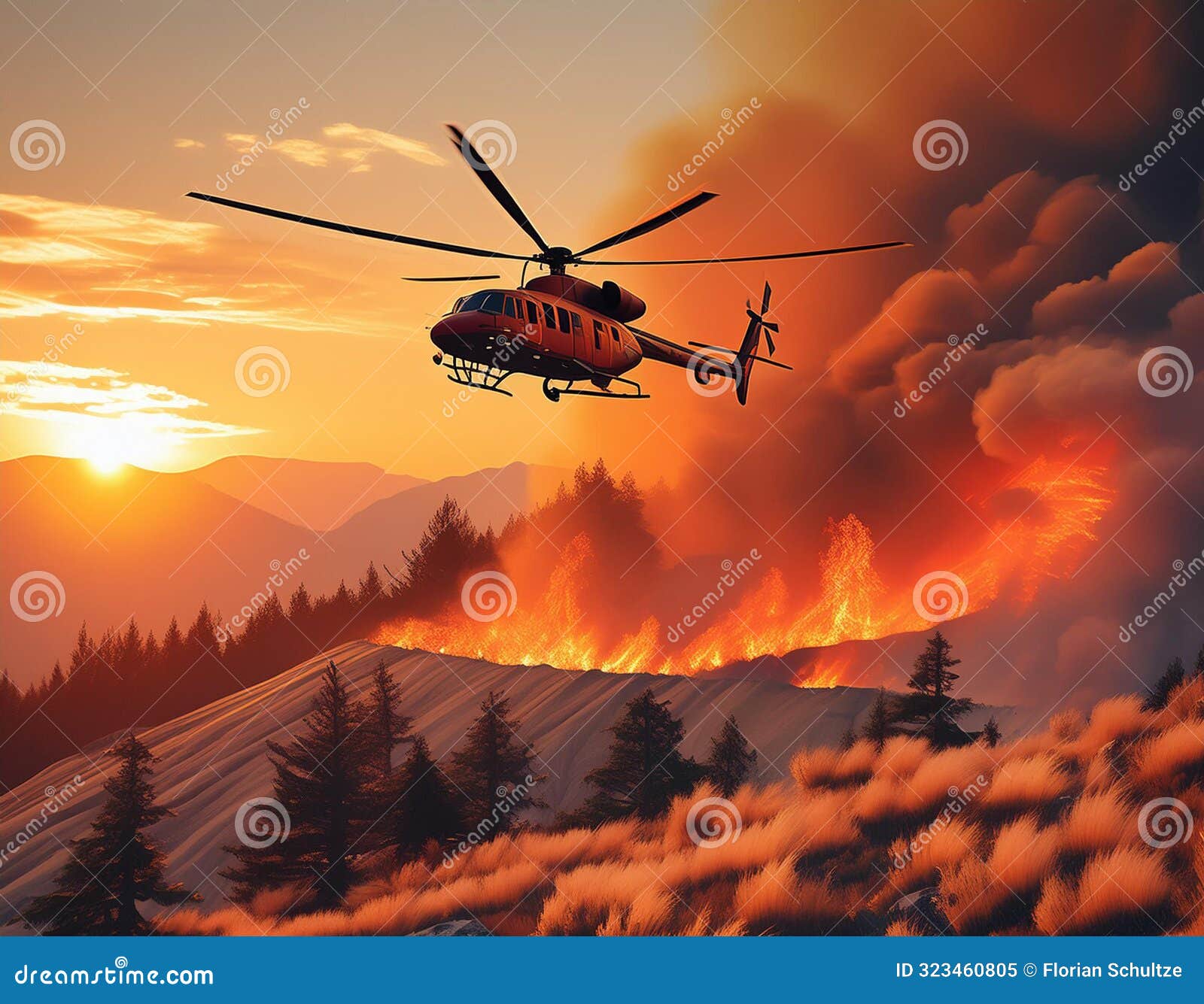 Helicopter Battling a Wildfire at Sunset Stock Illustration ...