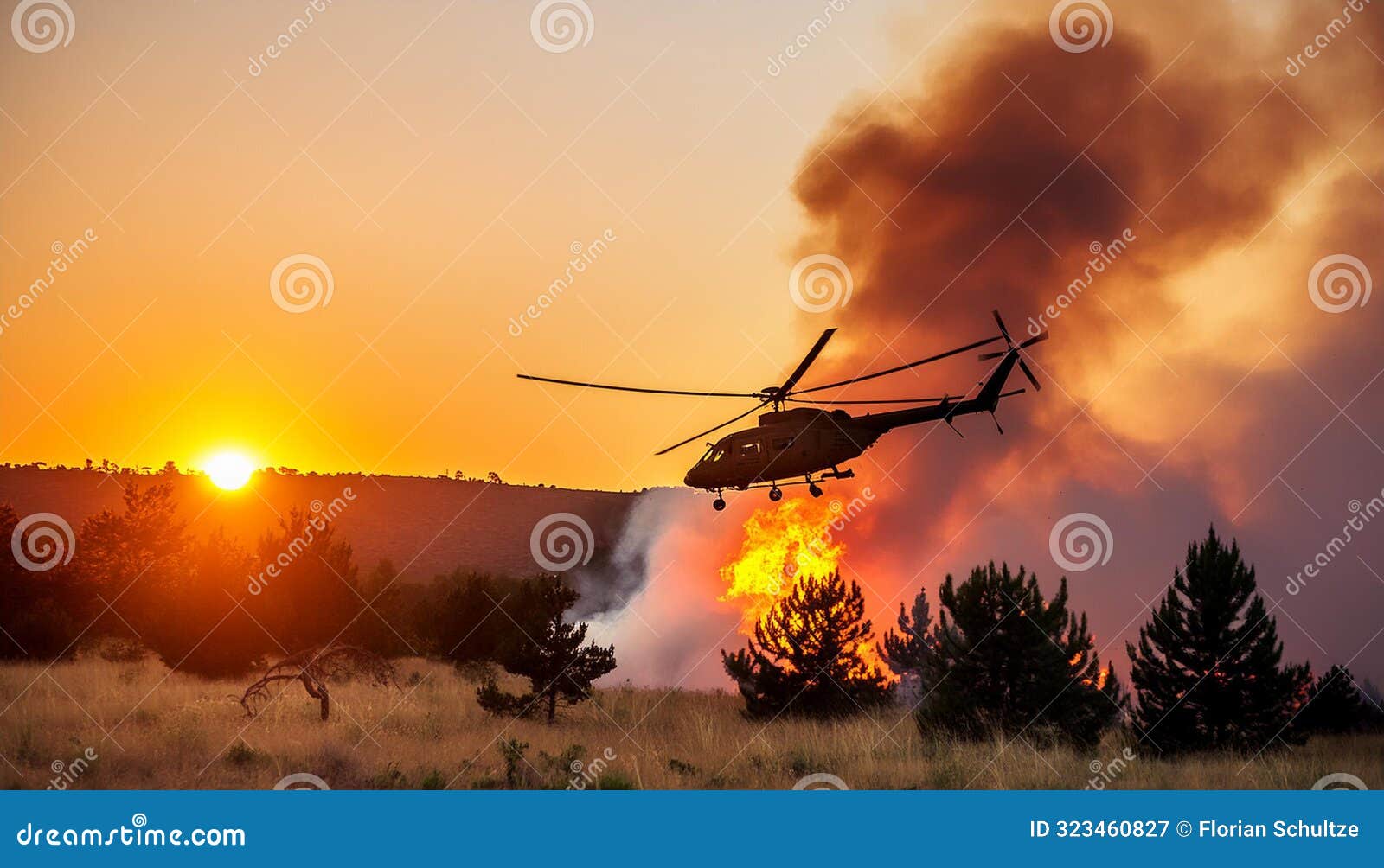 Helicopter Battling a Wildfire at Sunset Stock Illustration ...