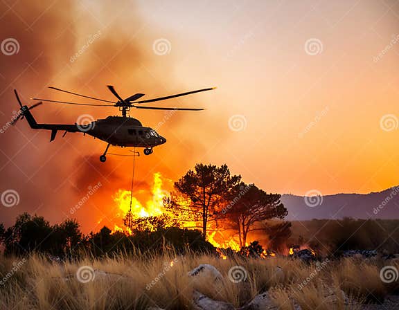 Helicopter Battling a Wildfire at Sunset Stock Illustration ...