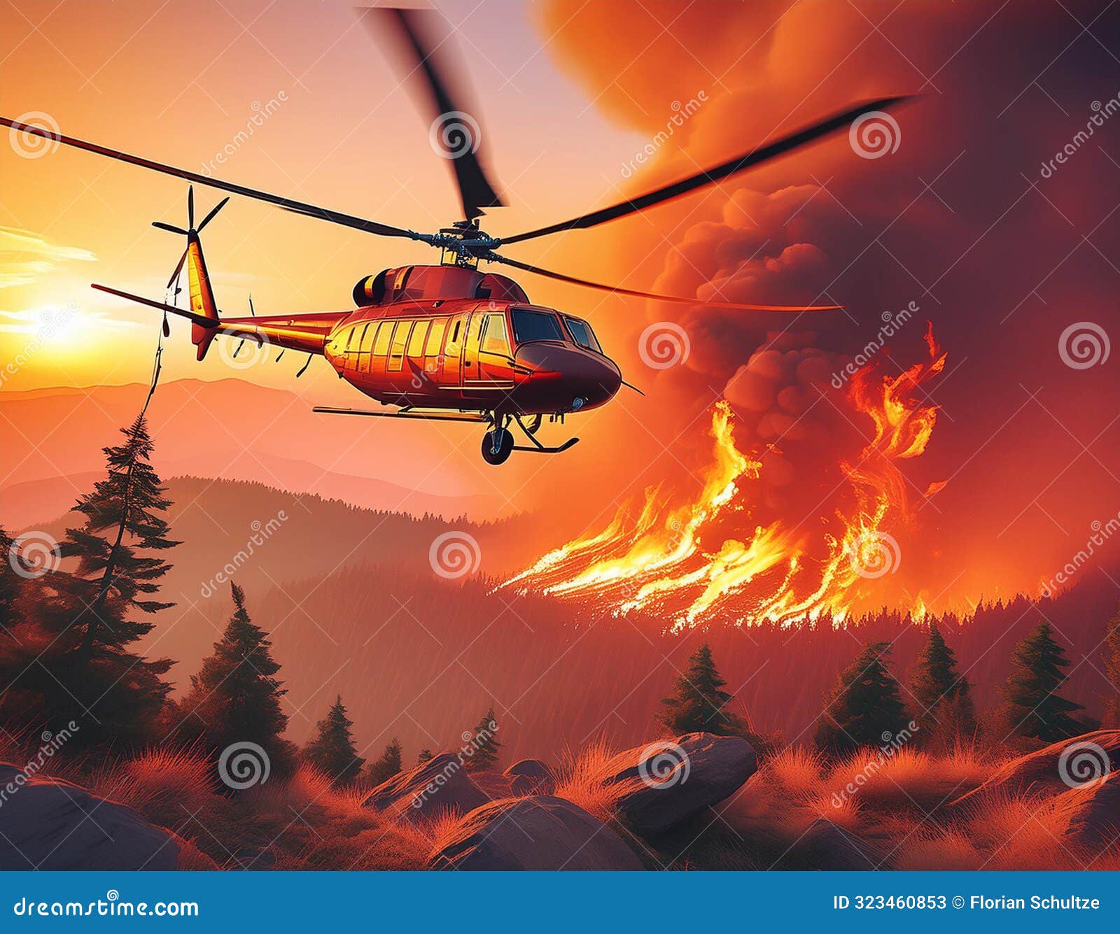 Helicopter Battling a Wildfire at Sunset Stock Illustration ...