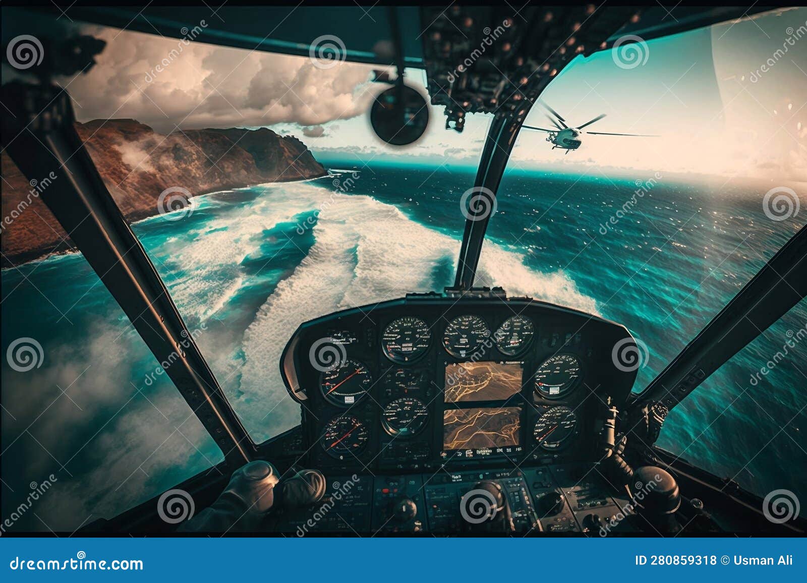 Helicopter Cockpit Flying On Mountain Landscape And Cloudy Sky, With ...