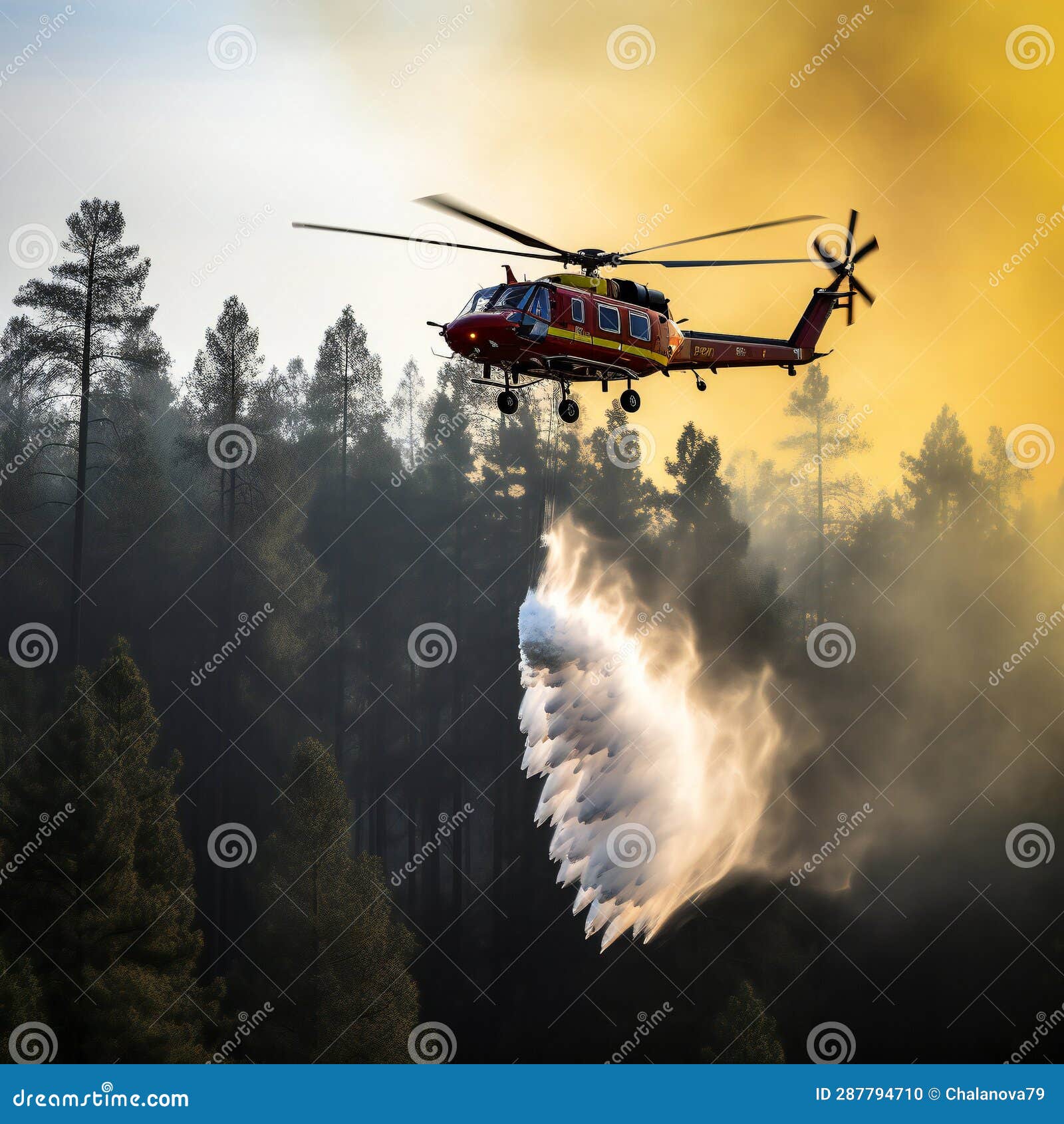 A Helicopter Dropping Water on a Wildfire in Rugged Terrain, Backlit by ...