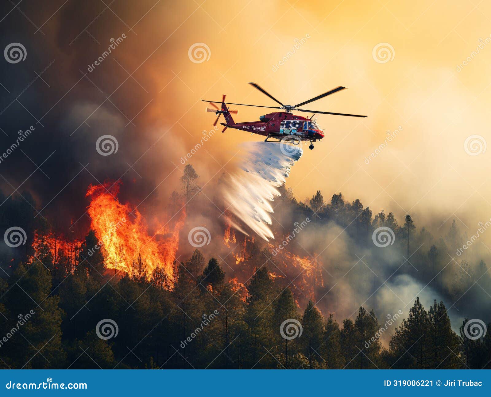 Helicopter Fighting Forest Fire in Nature. the Burning Flames are ...
