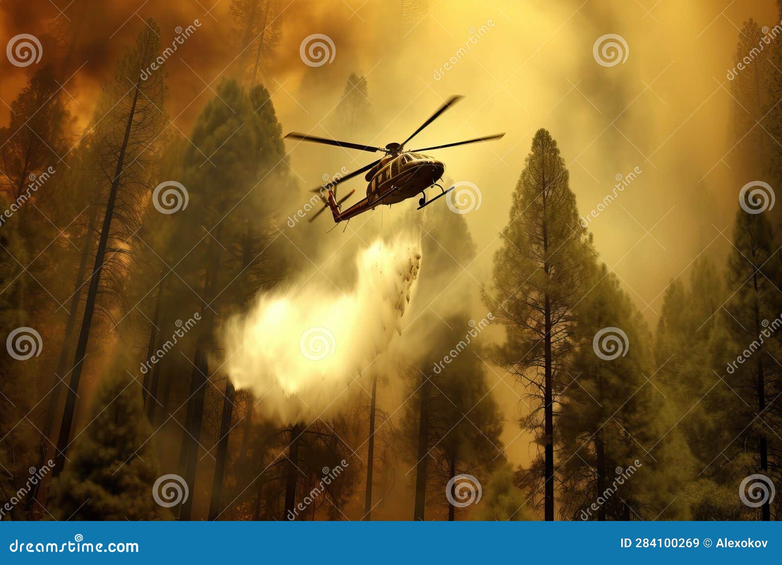 Helicopter Fighting A Forest Fire, Releasing Water Over Burning Trees ...