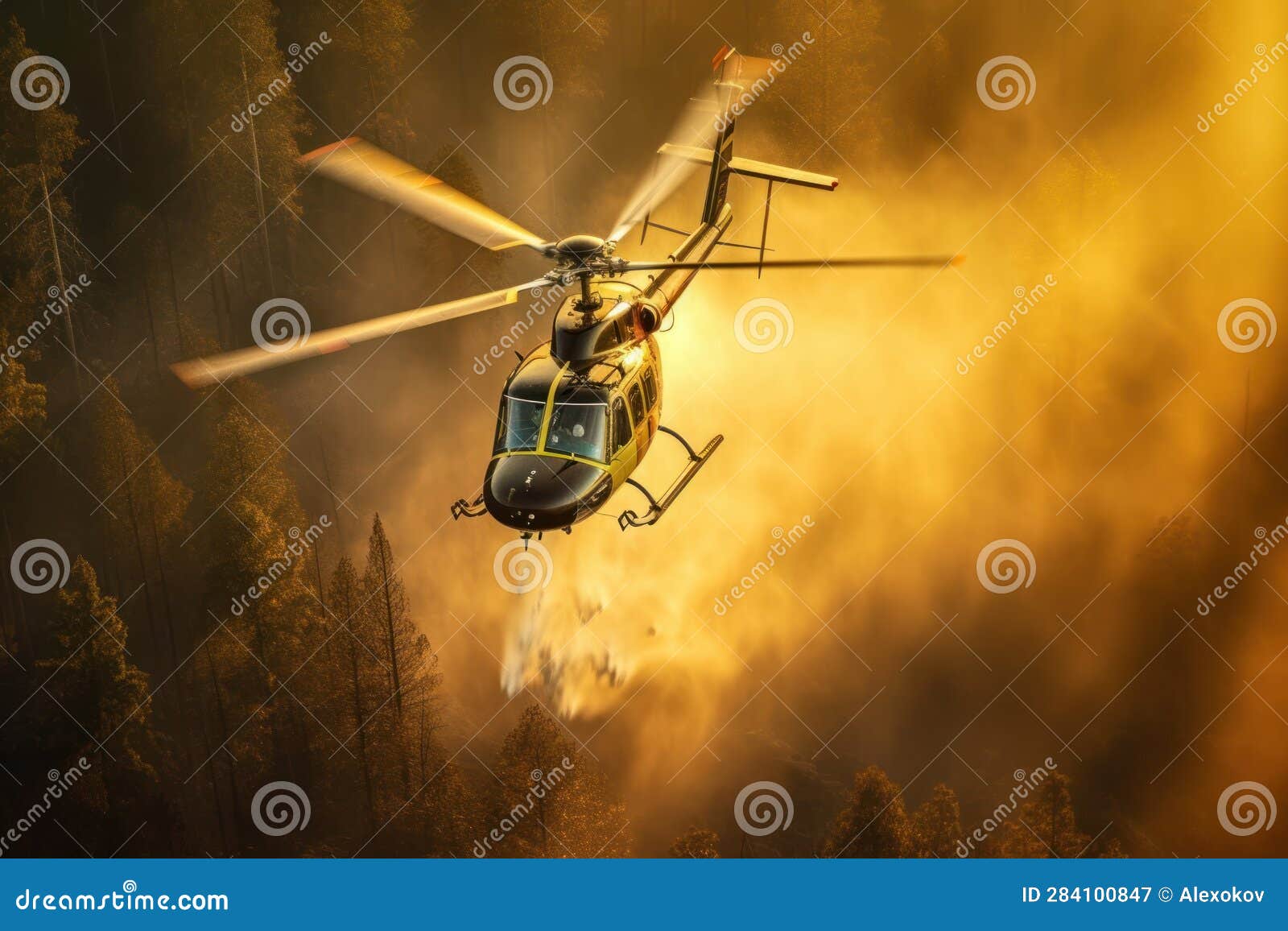 Helicopter Fighting A Forest Fire, Releasing Water Over Burning Trees ...