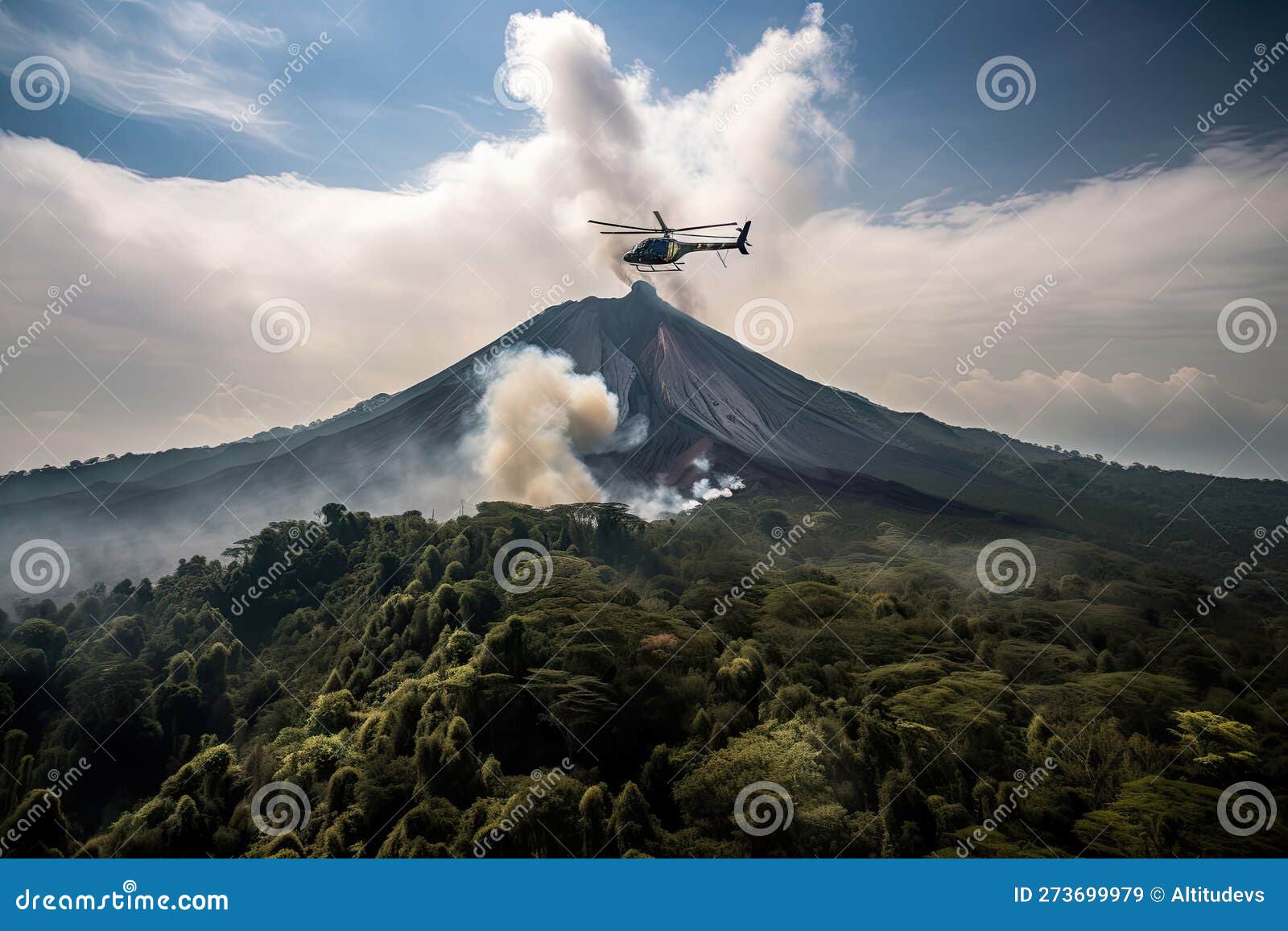 Helicopter Flies Over Smoking Volcano, with View of the Jungle Below ...