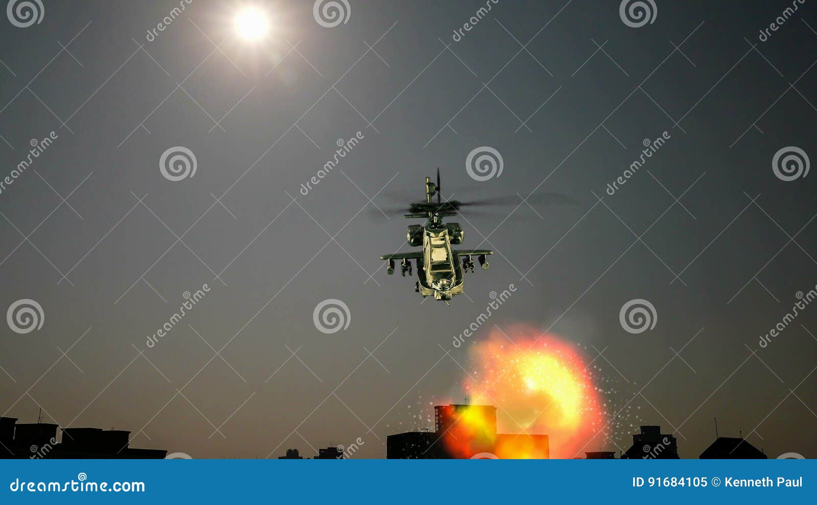 Helicopter Flying with Explosion in Front Stock Image - Image of ...