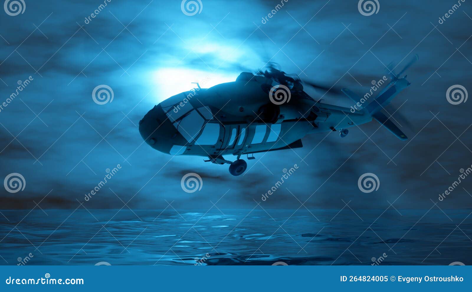 Helicopter Flying in the Fog in Blue Lighting Stock Illustration ...
