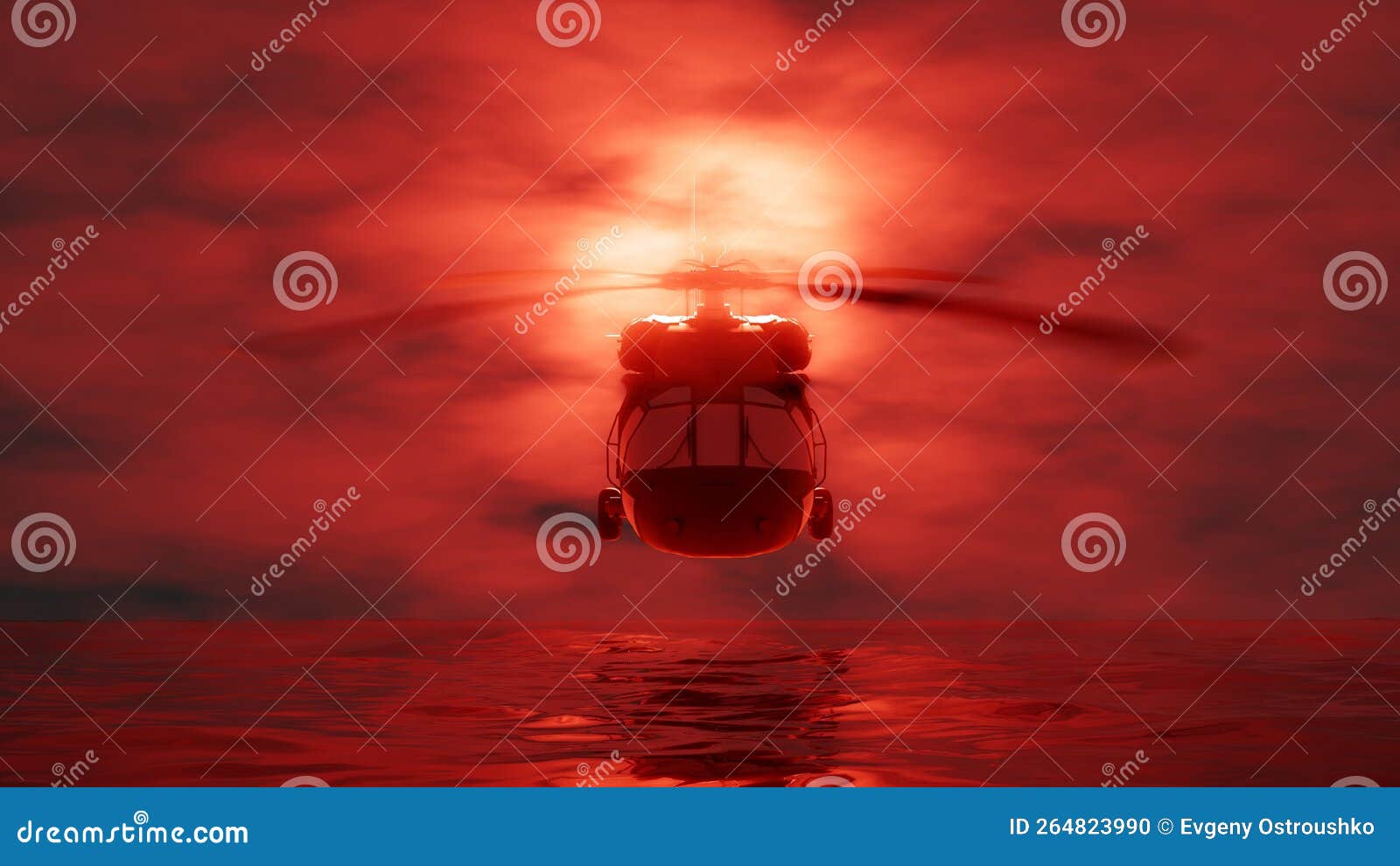 Helicopter Flying in the Fog in Red Lighting Stock Illustration ...